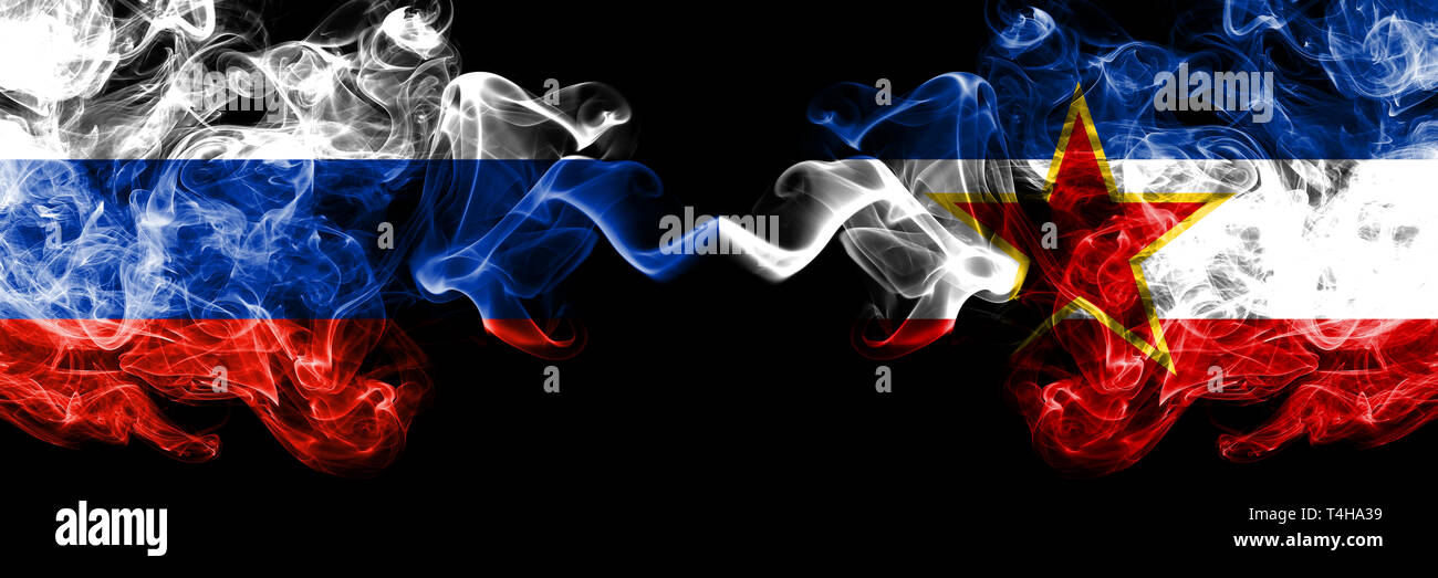 Russian vs Yugoslavia smoke flags placed side by side. Thick colored ...