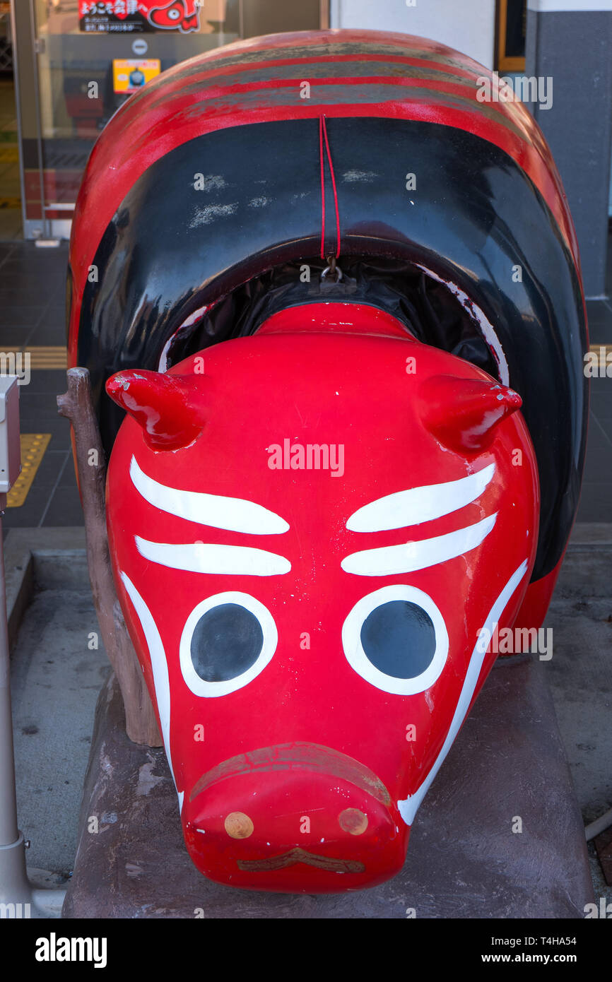 Aizuwakamatsu , Japan - April 21 2018: "Akabeko" a legendary red cow which is normally refer to ...