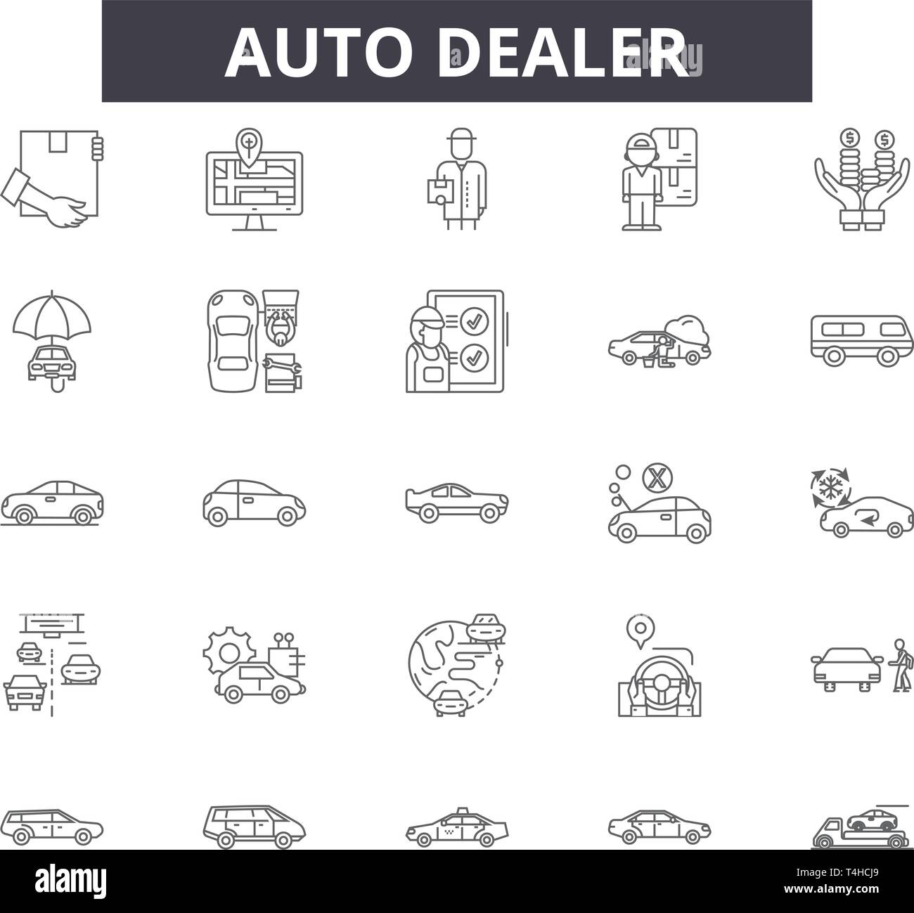 Auto dealer line icons, signs set, vector. Auto dealer outline concept ...