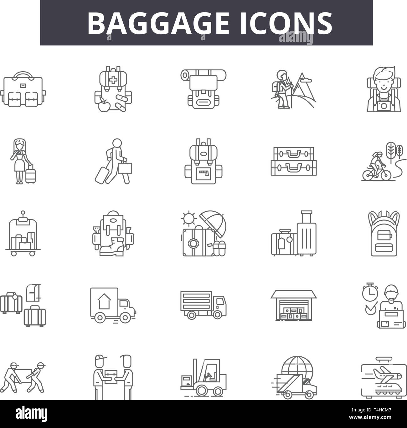 Baggage line icons, signs set, vector. Baggage outline concept ...