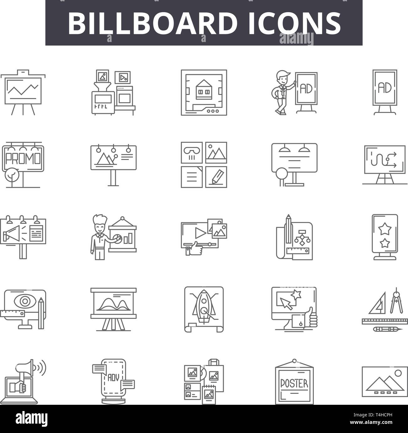 Billboard line icons, signs set, vector. Billboard outline concept ...