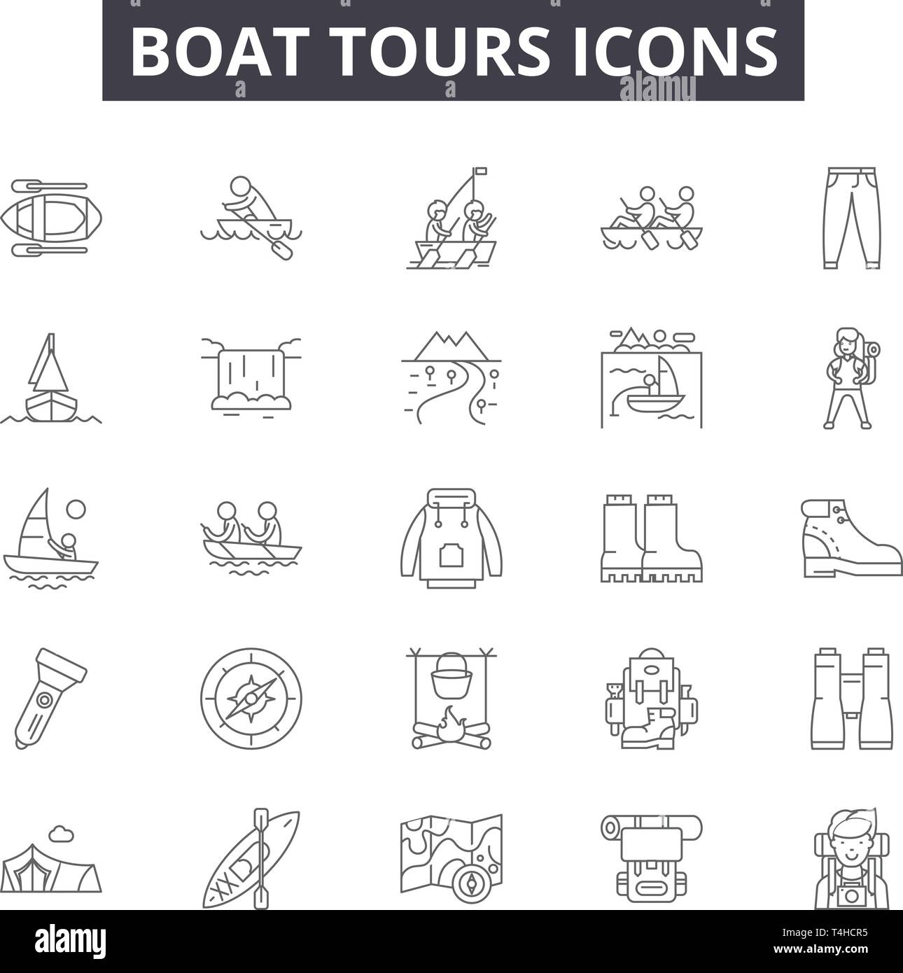 Boat tours line icons, signs set, vector. Boat tours outline concept ...