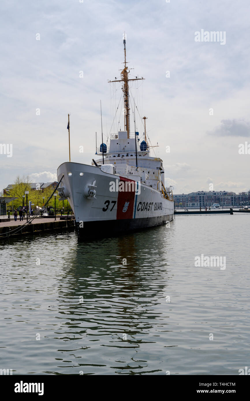 Baltimore, MD, USA --April 13, 2019-- A Coast Guard lies at anchor in ...