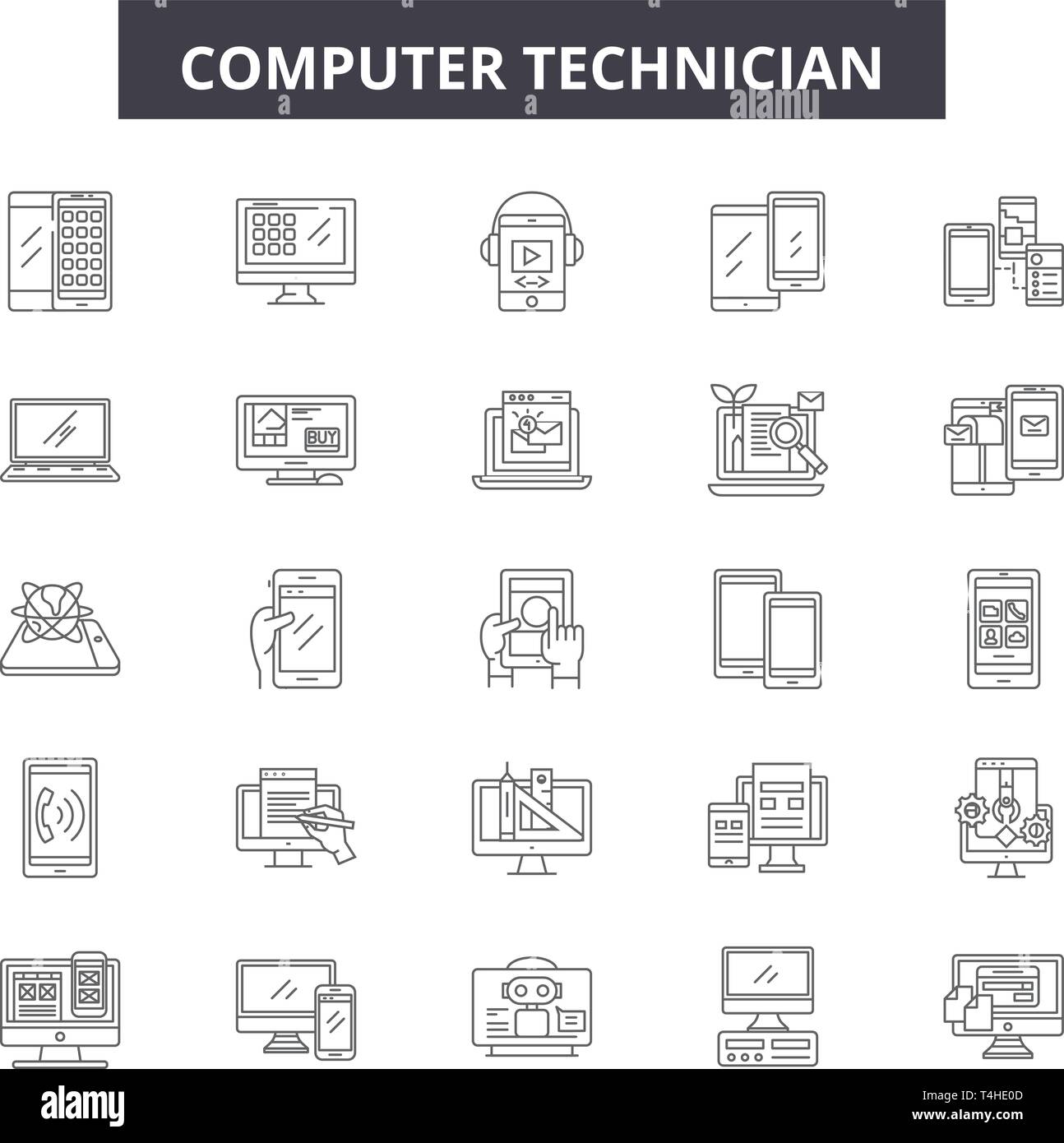 Computer technician line icons, signs set, vector. Computer technician ...