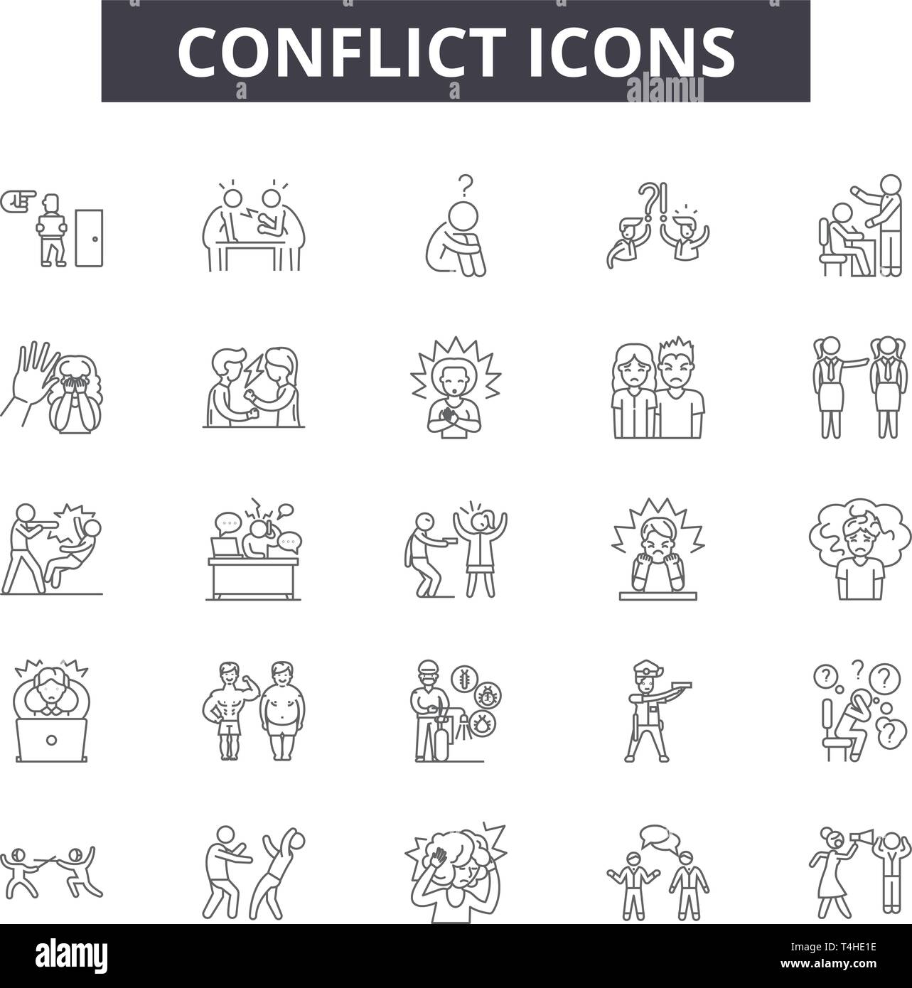 Conflict line icons, signs set, vector. Conflict outline concept ...