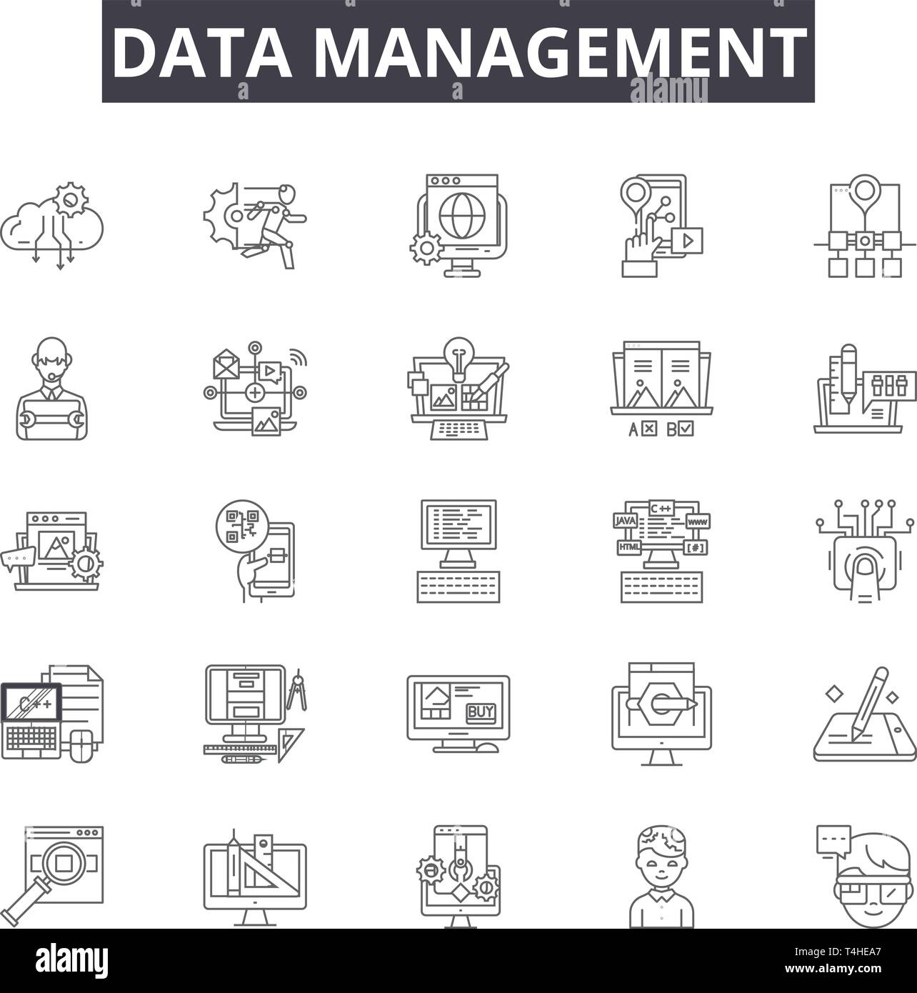 Data management line icons, signs set, vector. Data management outline concept illustration ...
