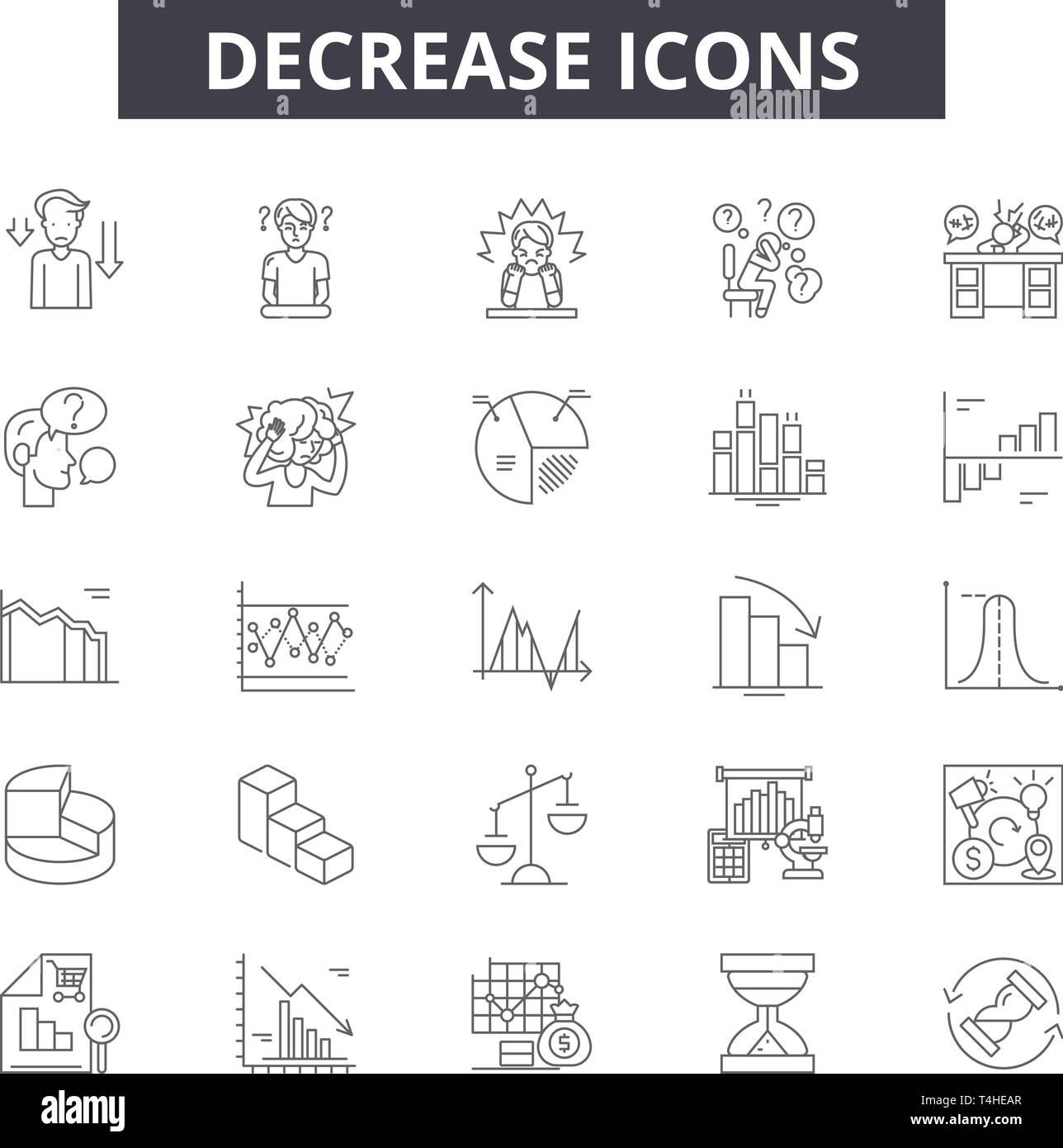 Decrease line icons, signs set, vector. Decrease outline concept illustration: decrease,finance ...