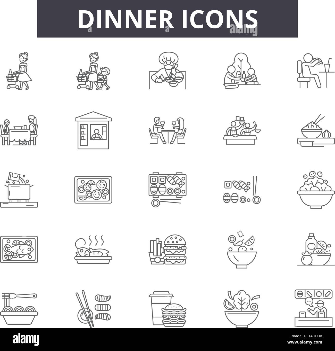 Dinner line icons, signs set, vector. Dinner outline concept ...