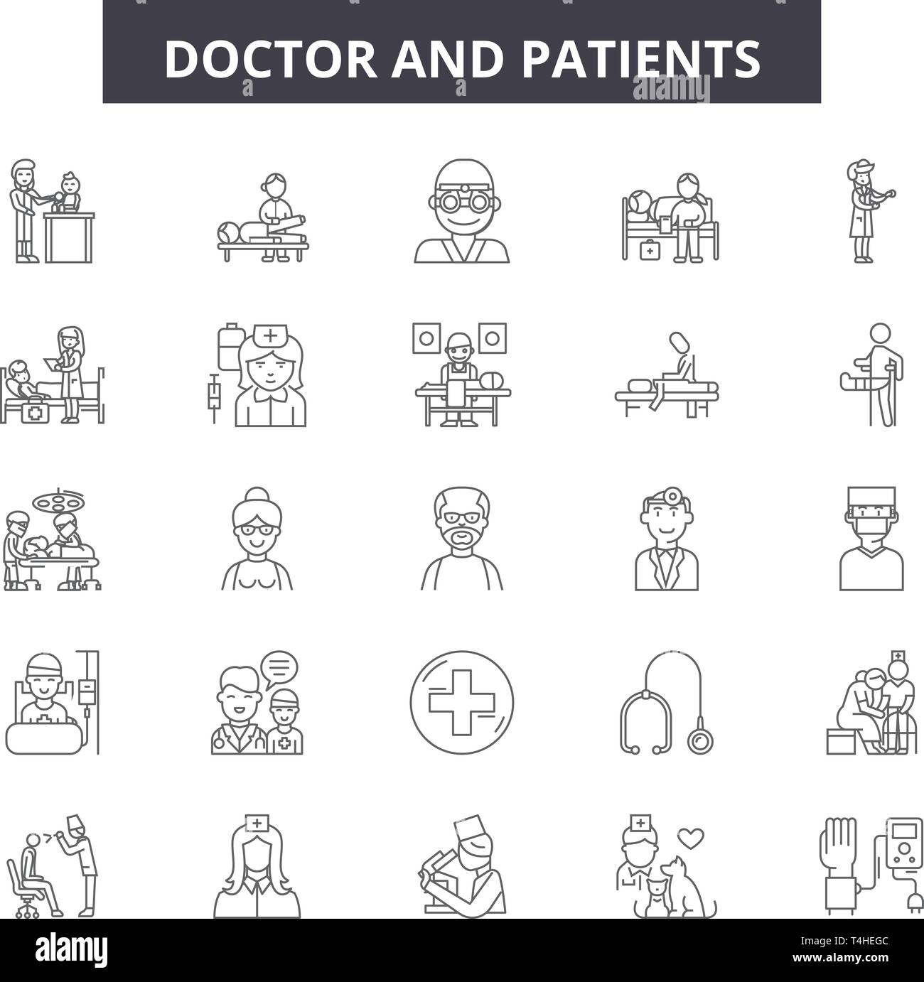 Doctor and patients line icons, signs set, vector. Doctor and patients ...