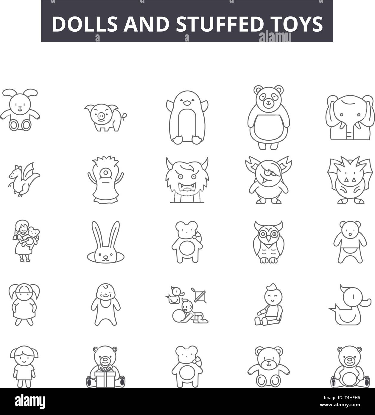 Dolls and stuffed toys line icons, signs set, vector. Dolls and stuffed ...