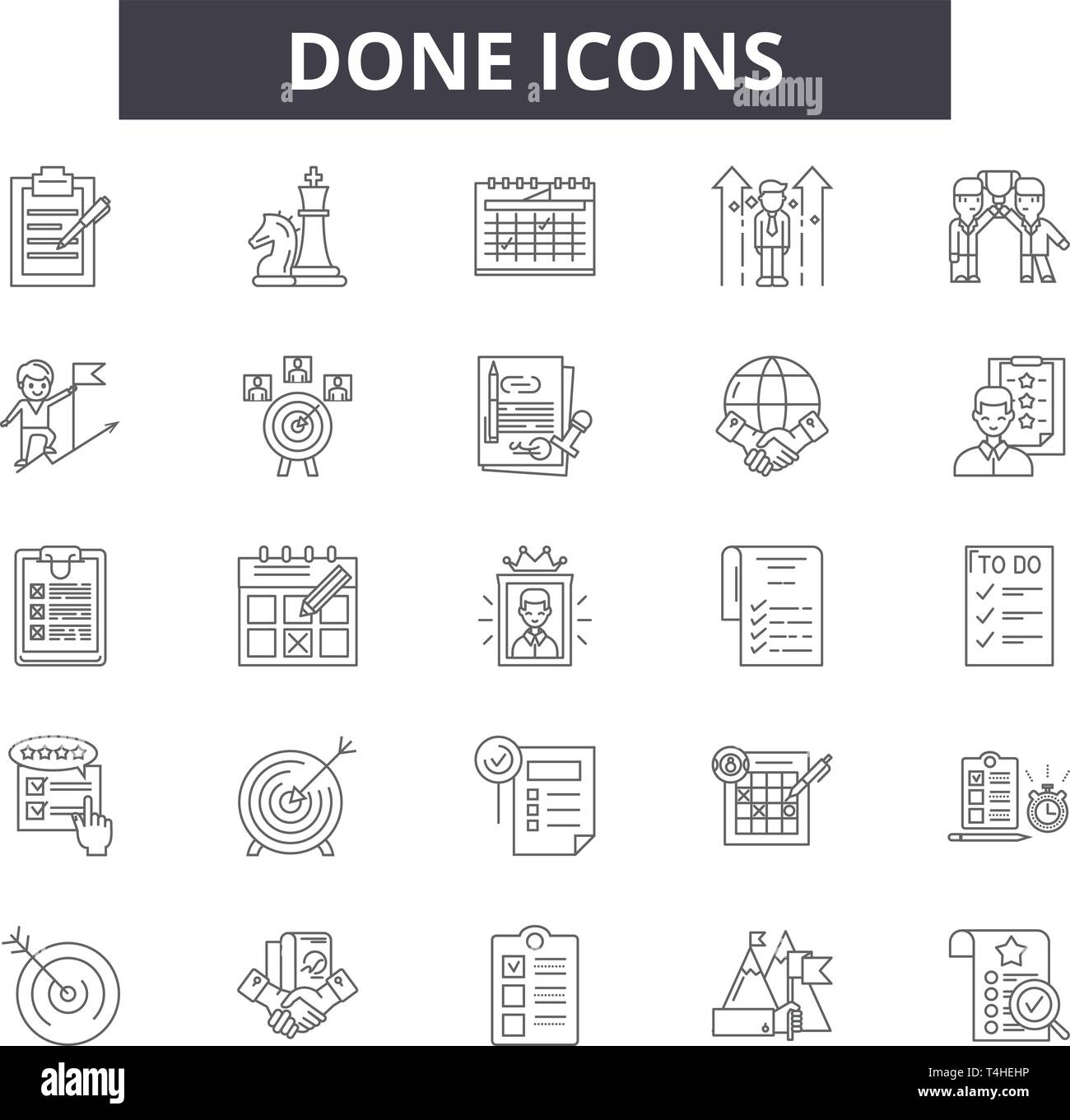Done line icons, signs set, vector. Done outline concept illustration ...