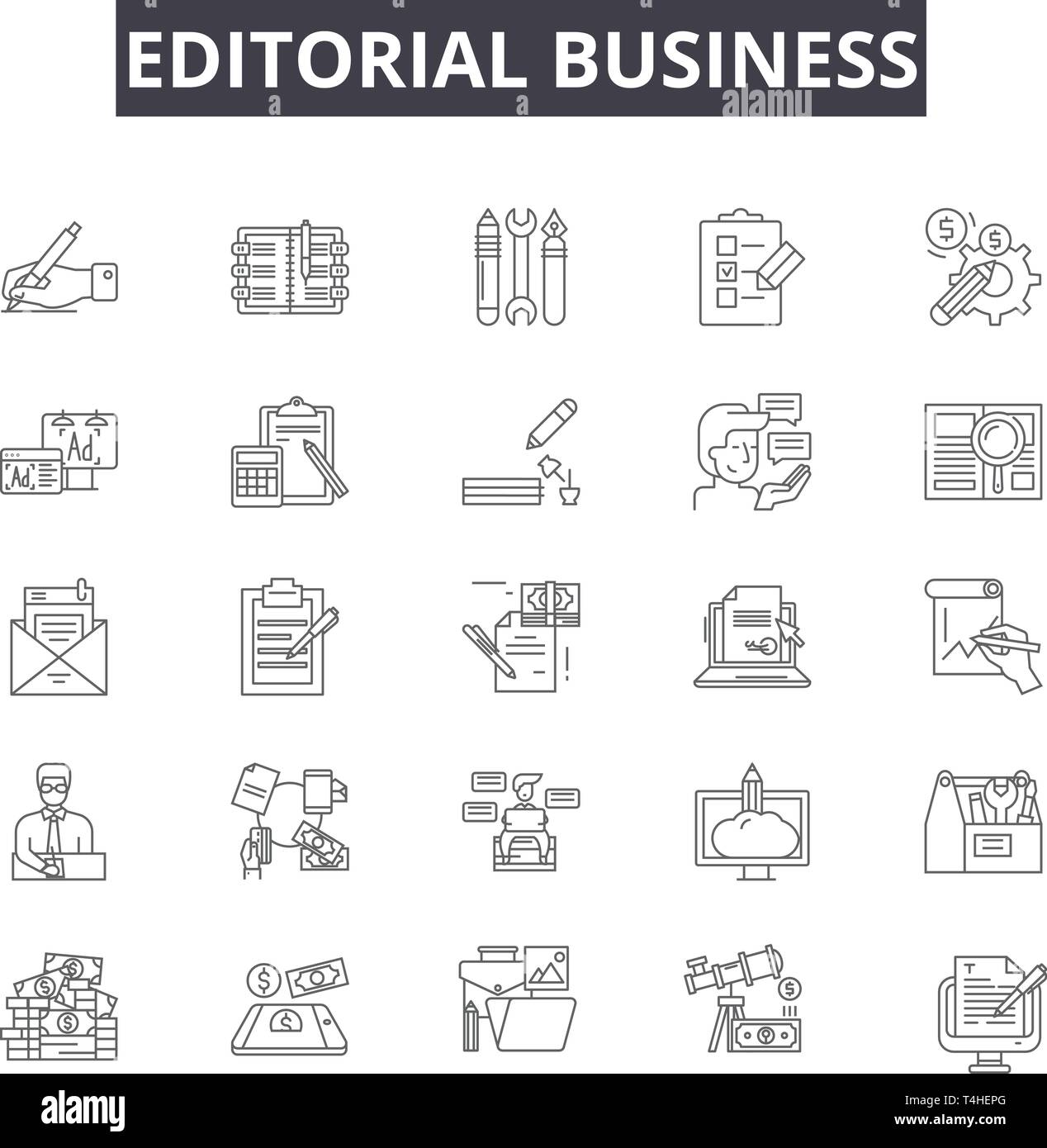Editorial business line icons, signs set, vector. Editorial business ...
