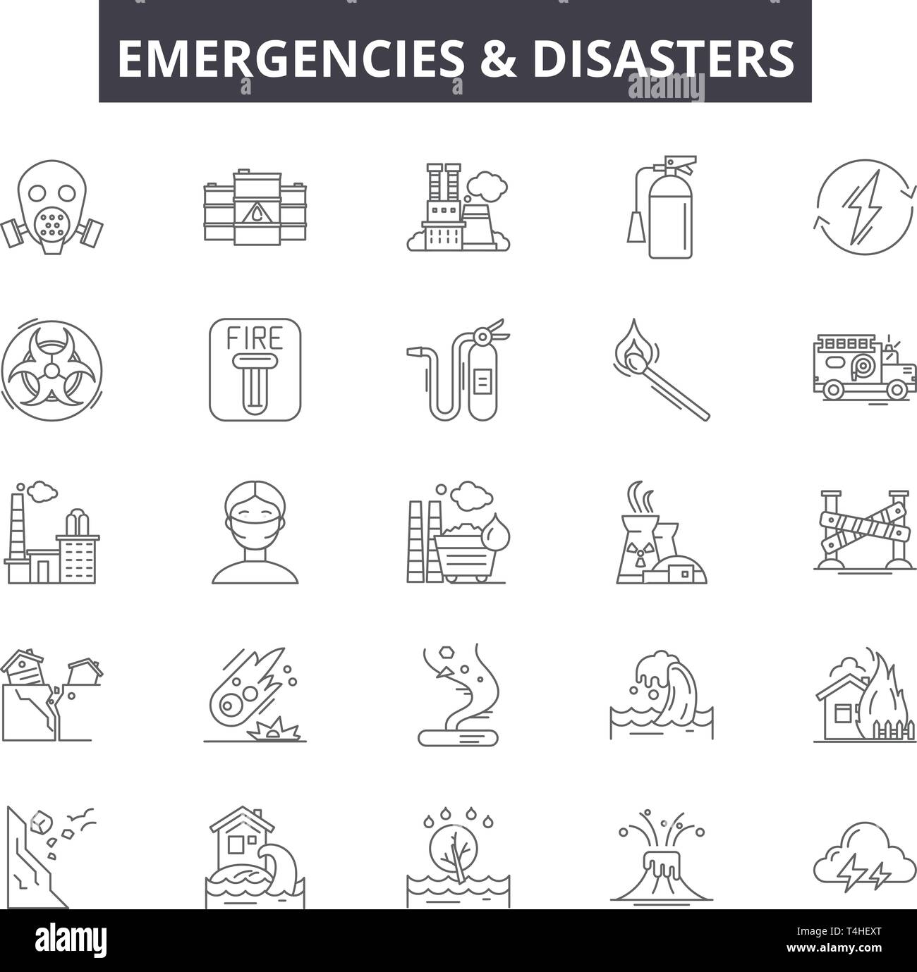 Emergincies and disasters line icons, signs set, vector. Emergincies ...