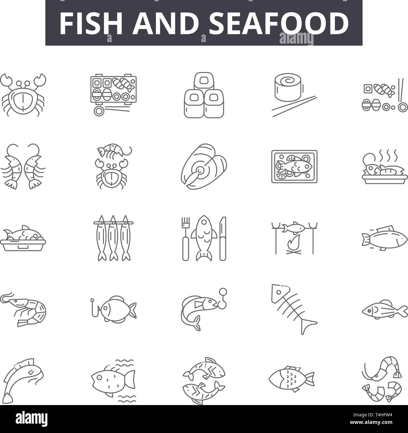 Fish and seafood line icons, signs set, vector. Fish and seafood ...