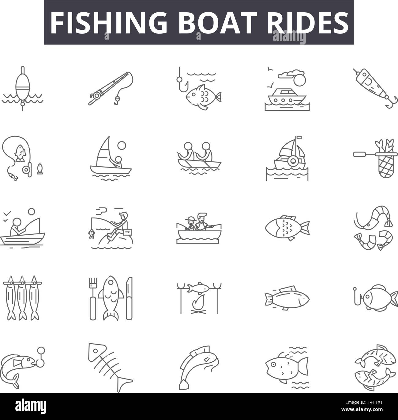 Fishing boat rides line icons, signs set, vector. Fishing boat rides ...