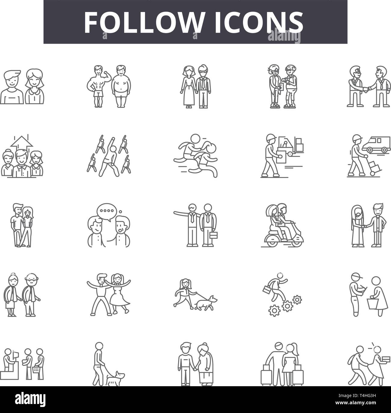 Follow line icons, signs set, vector. Follow outline concept ...