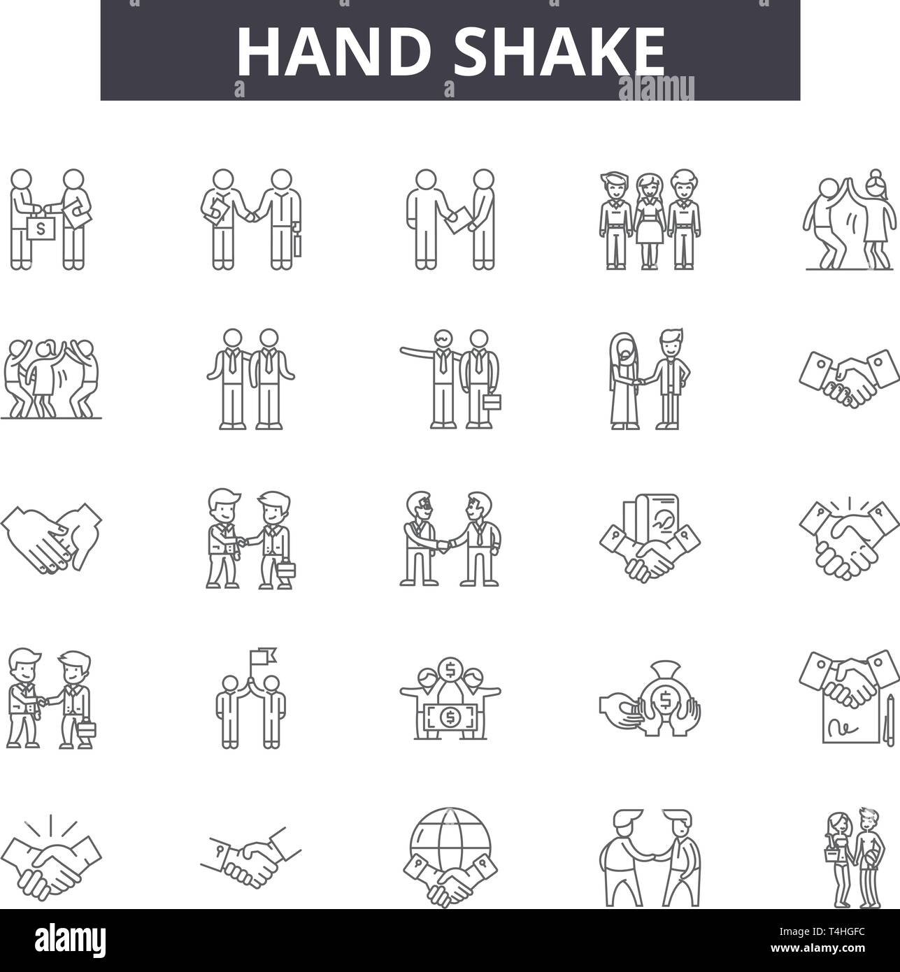 Hand shake line icons, signs set, vector. Hand shake outline concept ...