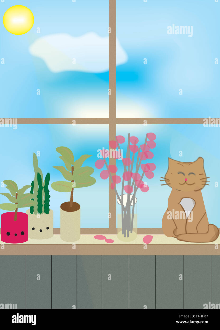 Cat in sunny window with plants Stock Photo - Alamy