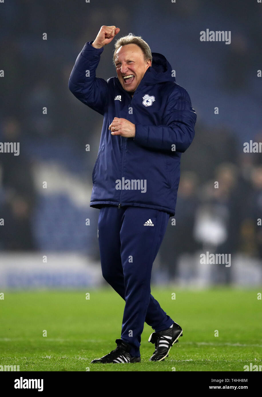 Cardiff City manager Neil Warnock celebrates victory during the Premier ...