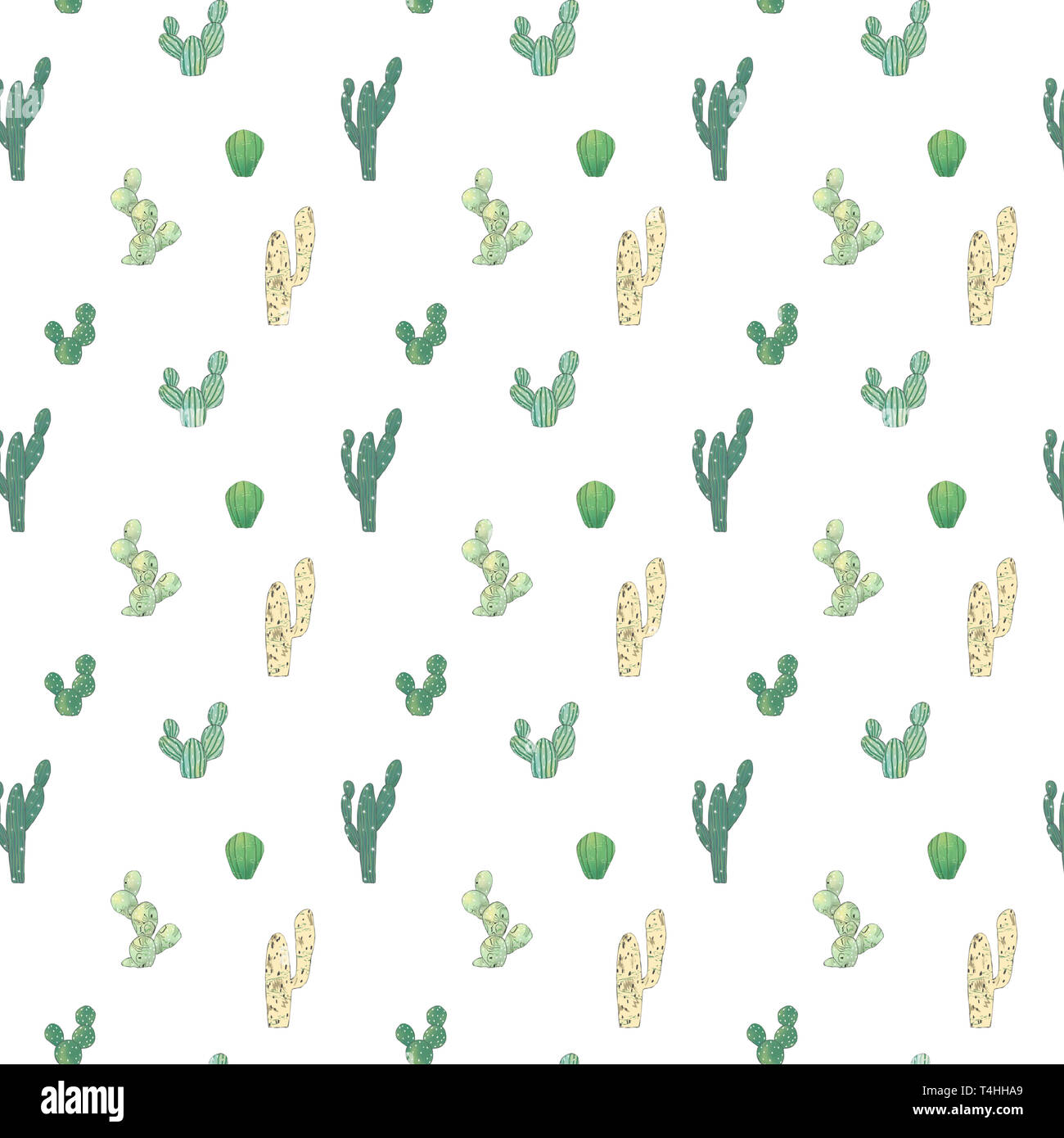 seamless pattern with different cactus. Bright repeated texture with green cacti. Natural hand ...