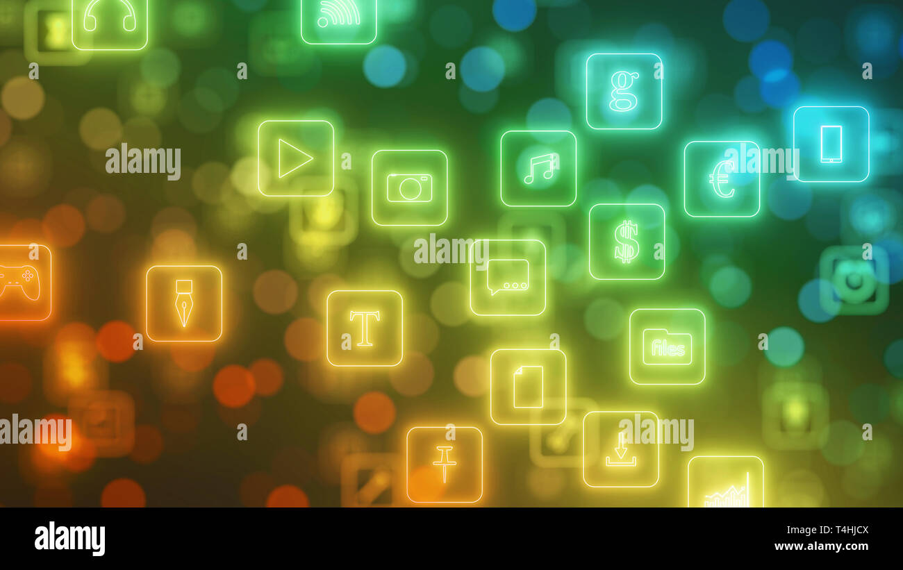 flow of smartphone app icons. neon style glowing icons. 3d illustration ...