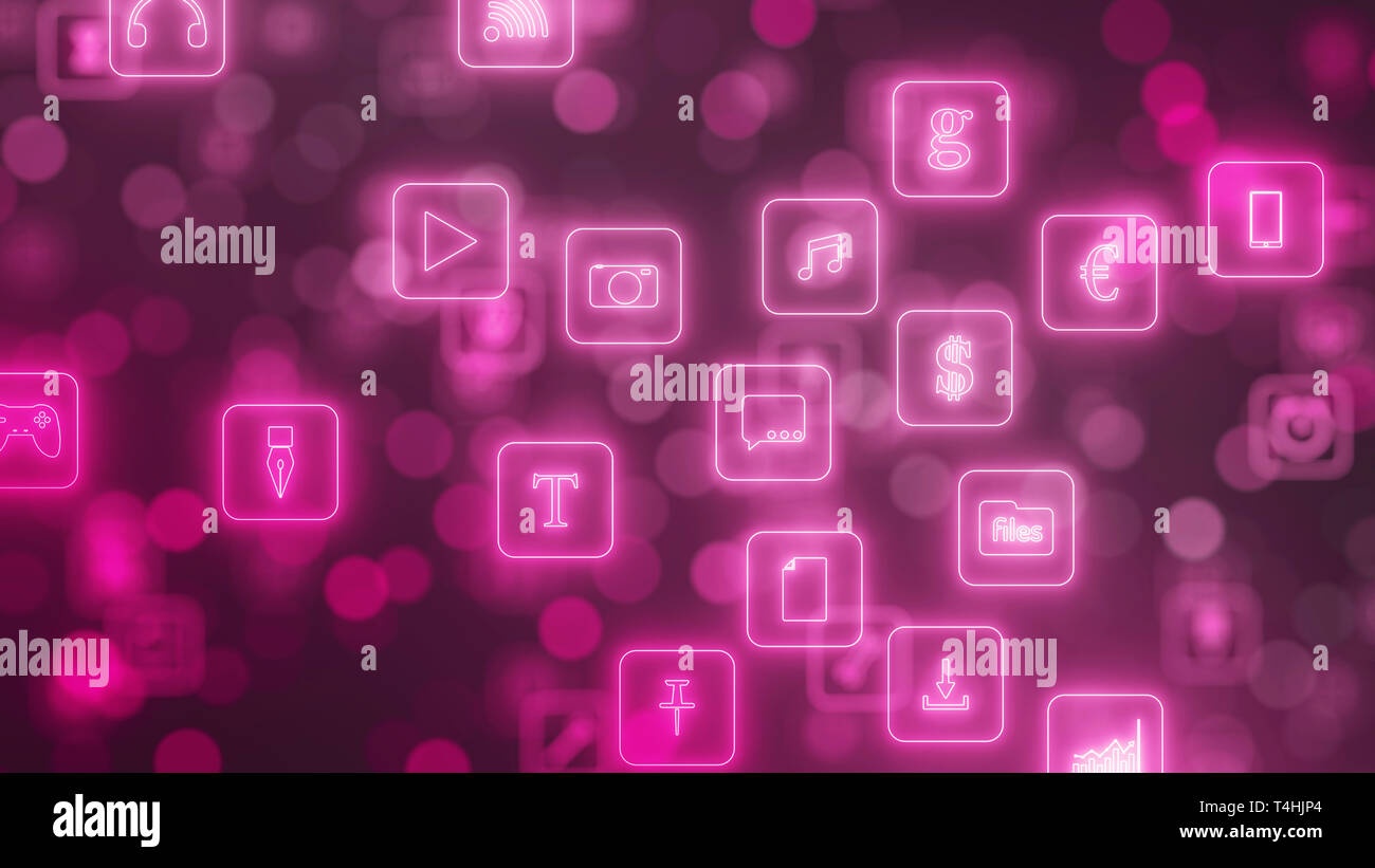 flow of smartphone app icons. neon style glowing icons. 3d illustration ...