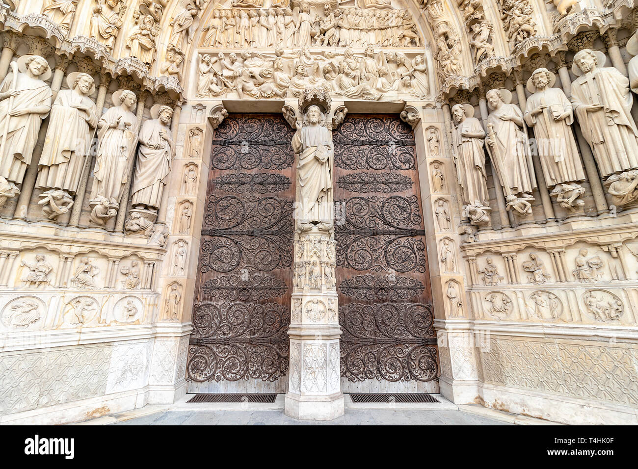 Main Entrance door of Notre Dame Cathedral in Paris. Ornate Facade with ...