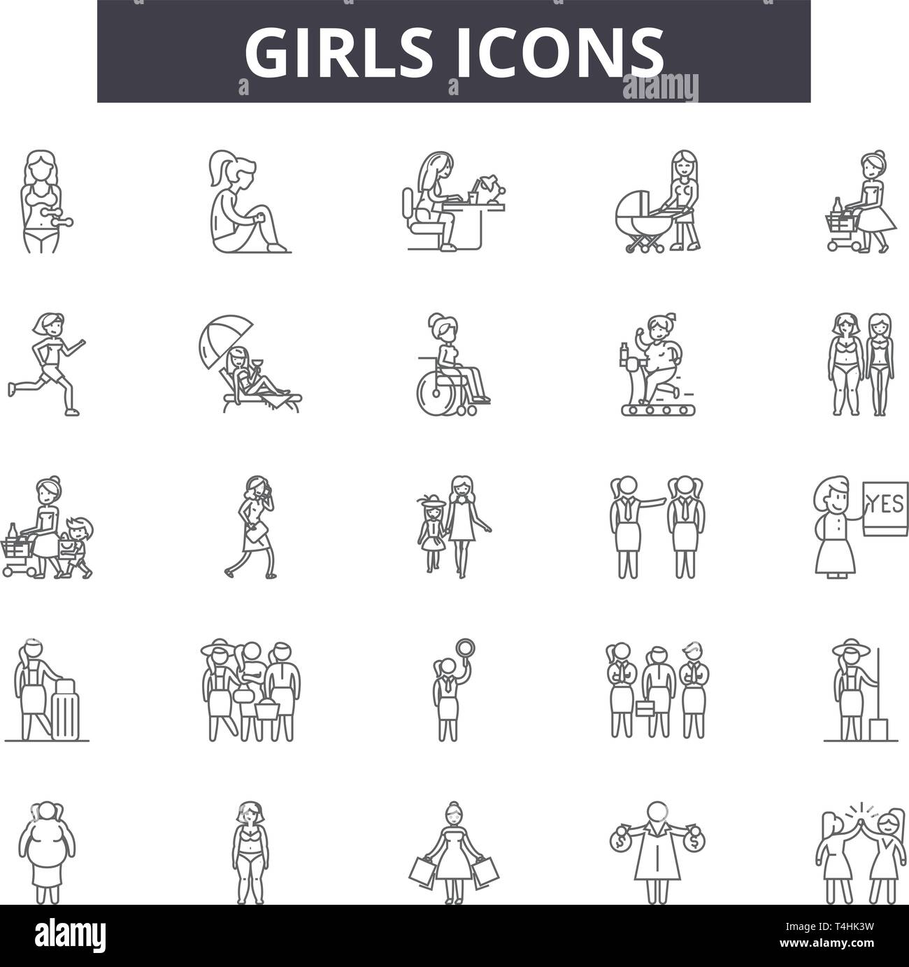 Girls line icons, signs set, vector. Girls outline concept illustration ...
