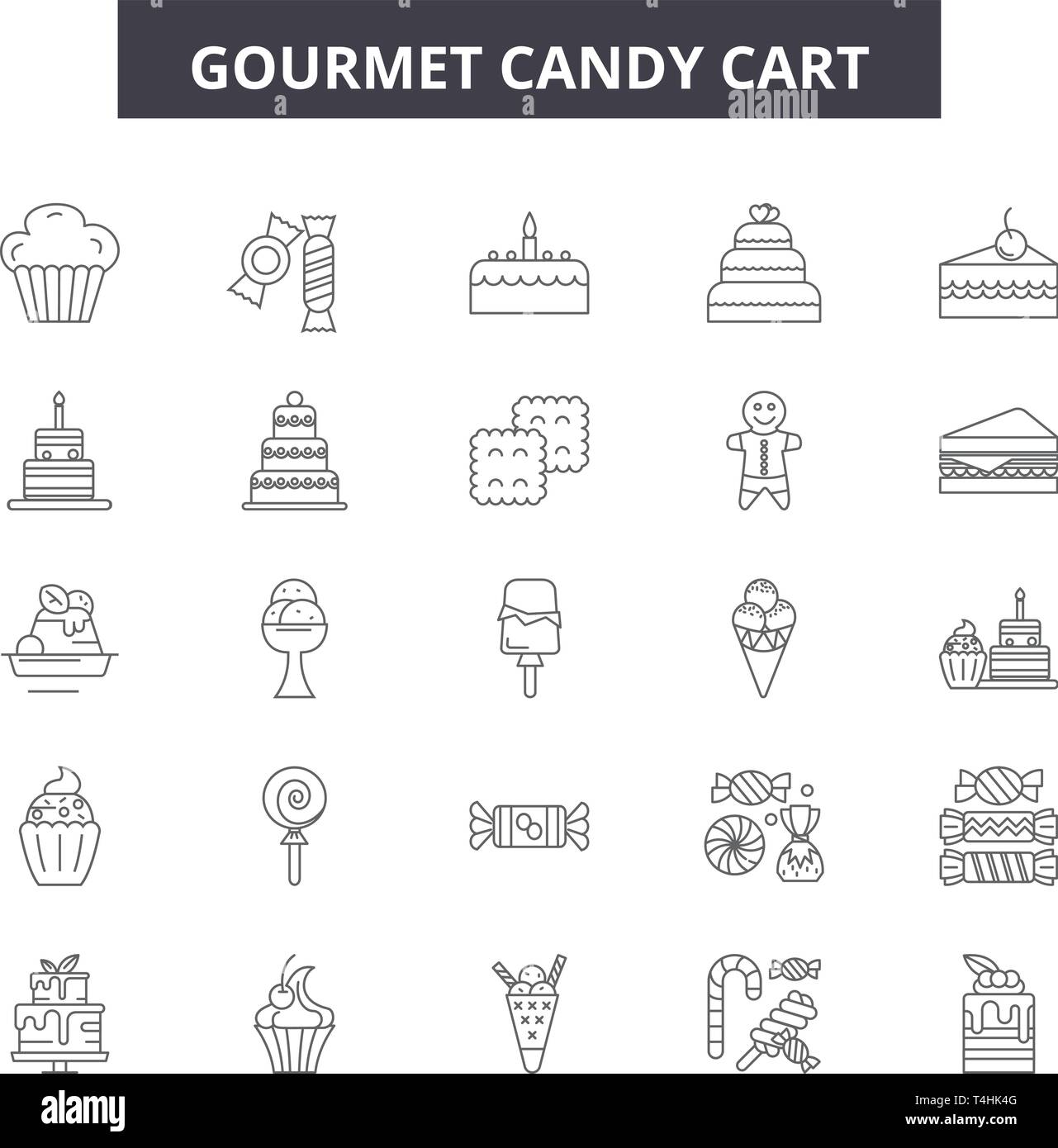 Gourmet candy cart line icons, signs set, vector. Gourmet candy cart ...