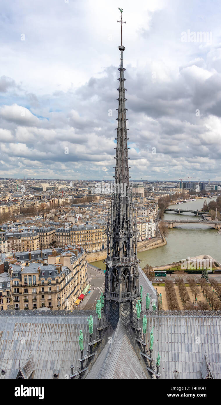 Paris, France - March 15, 2018: Detail of The spire of Notre Dame ...