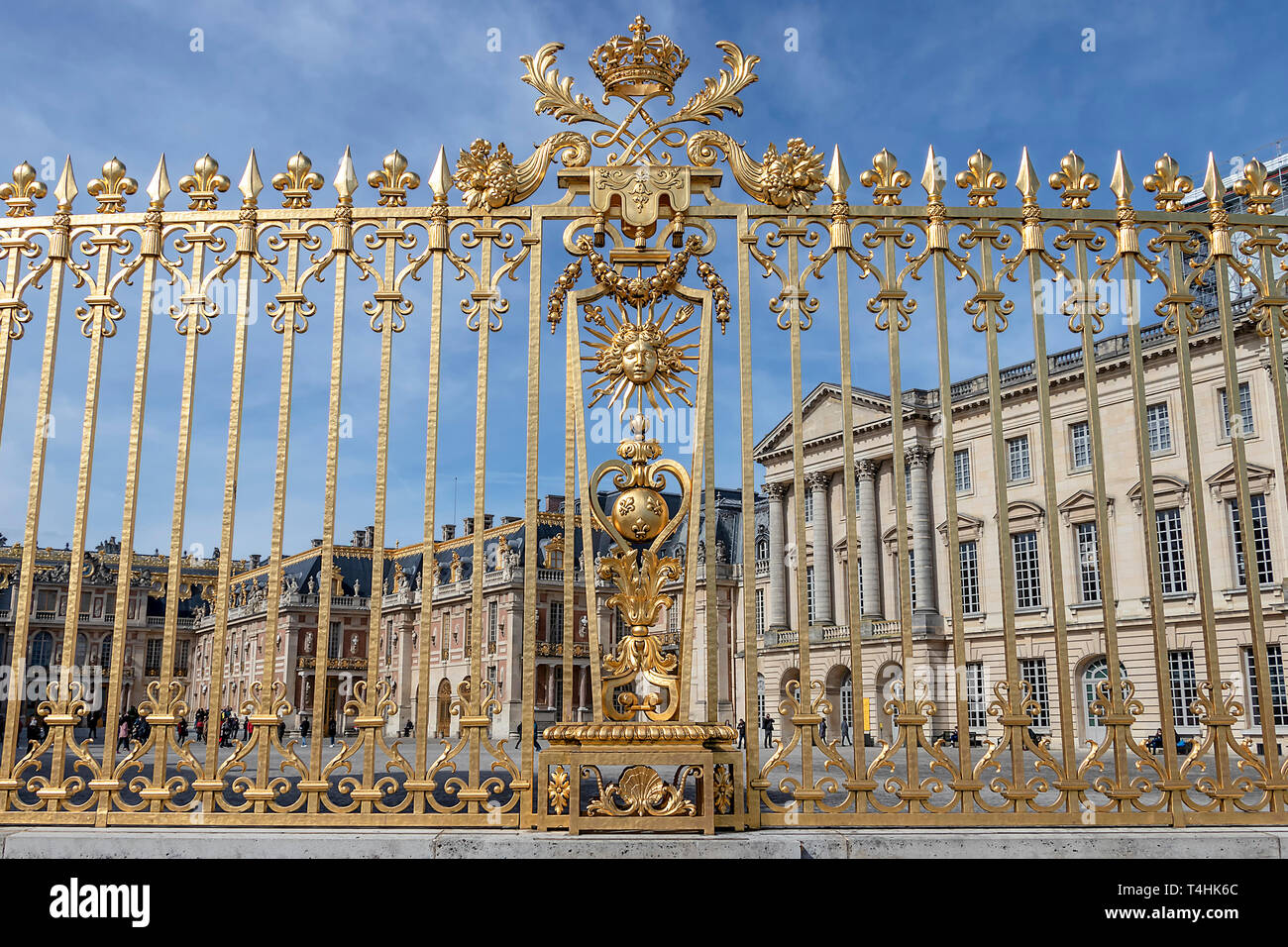 Golden fence in exterior facade of Versailles Palace, Paris, France ...