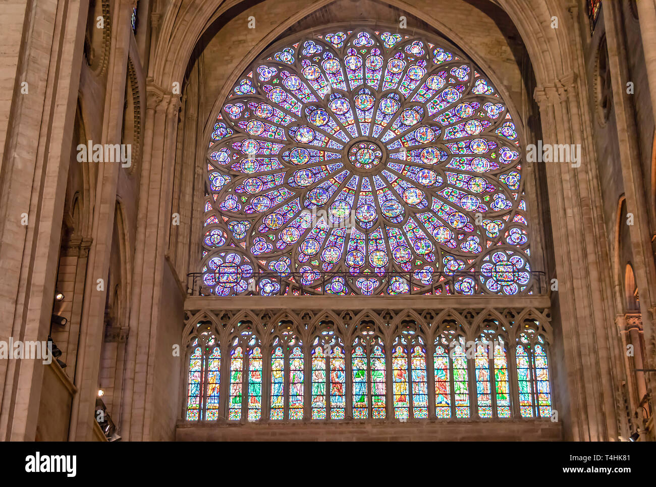 Paris, France - March 13, 2018: Stained glass window in Notre dame ...
