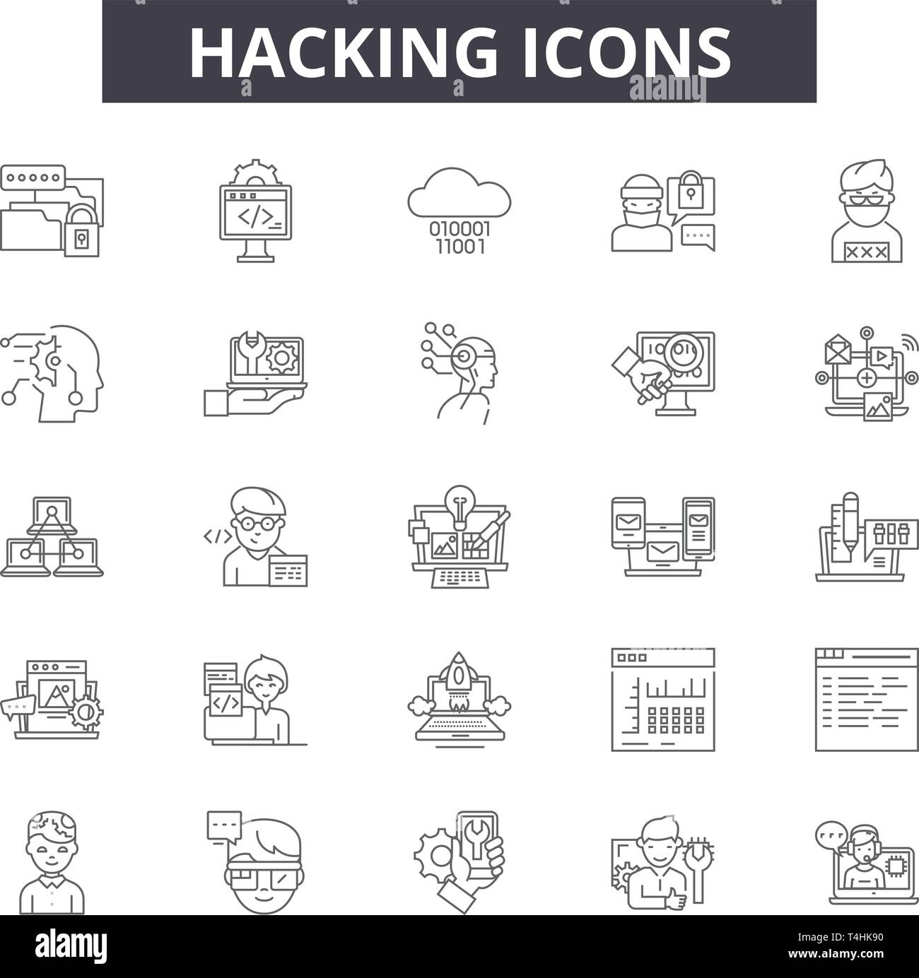 Hacking line icons, signs set, vector. Hacking outline concept illustration: hacking,protection ...