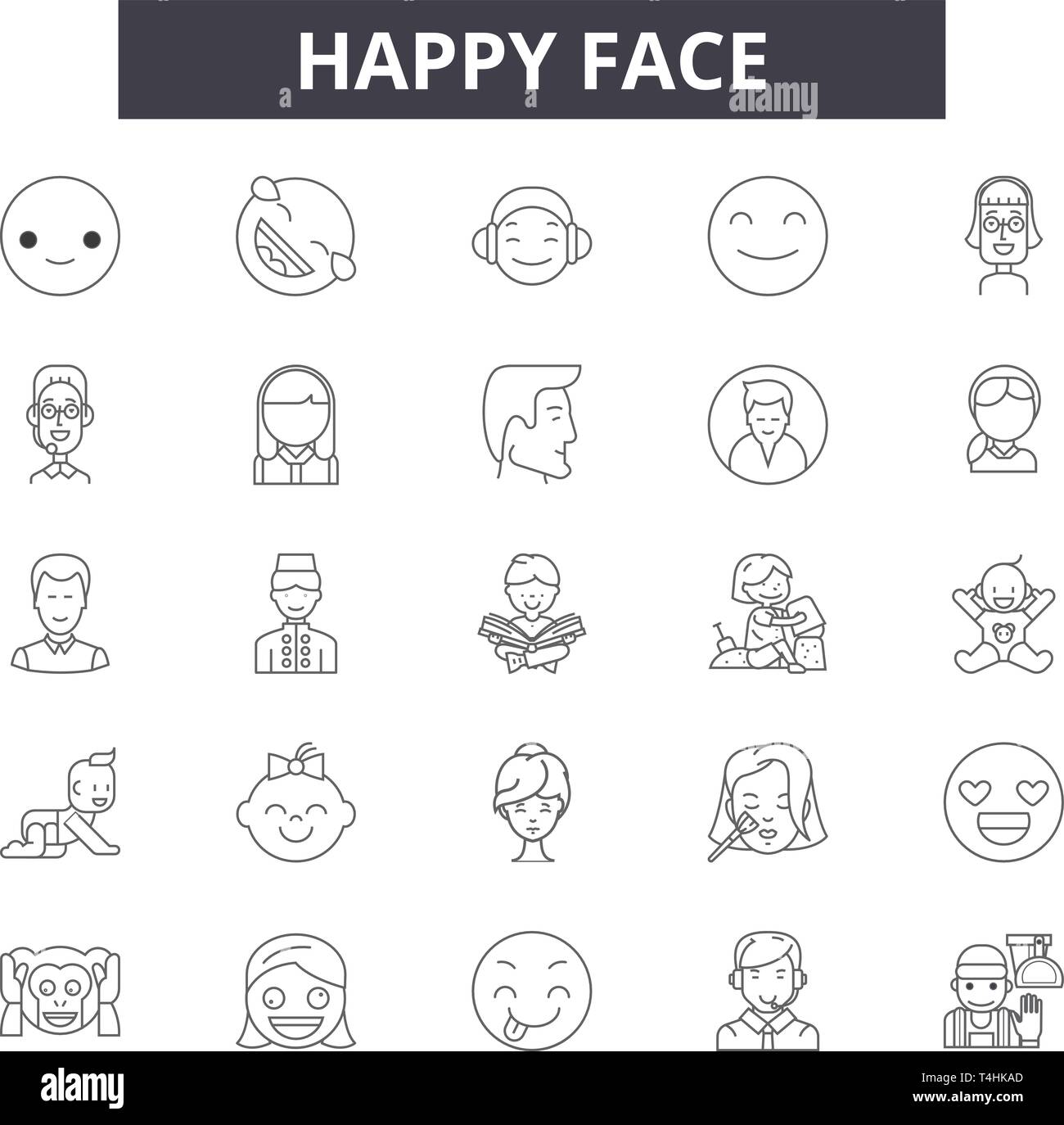 Happy face line icons, signs set, vector. Happy face outline concept ...