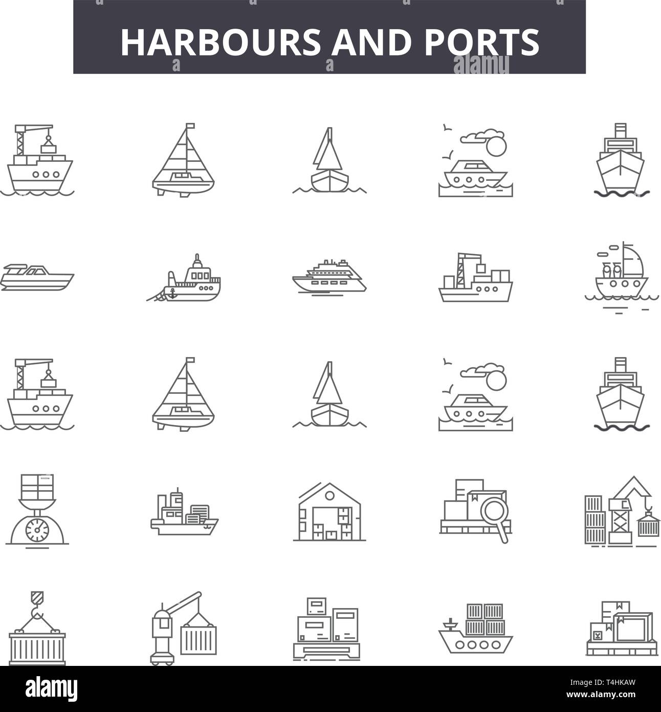 Harbours line icons, signs set, vector. Harbours outline concept ...