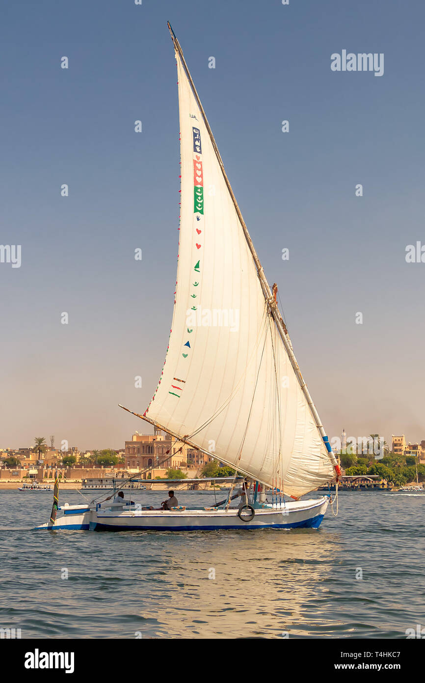 Luxor, Egypt - September 11, 2018: Faluca boat sailing in Nile river ...