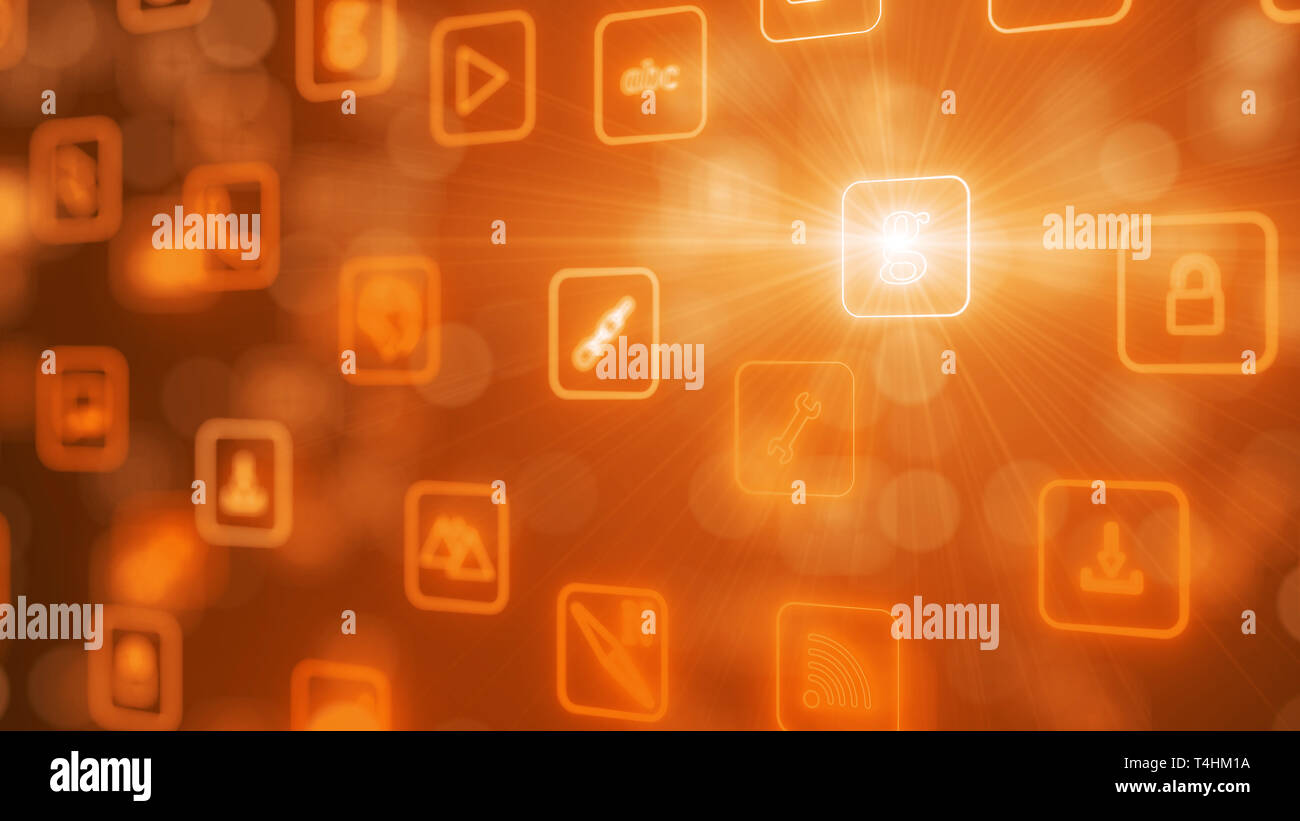 flow of smartphone app icons. neon style glowing icons. 3d illustration ...