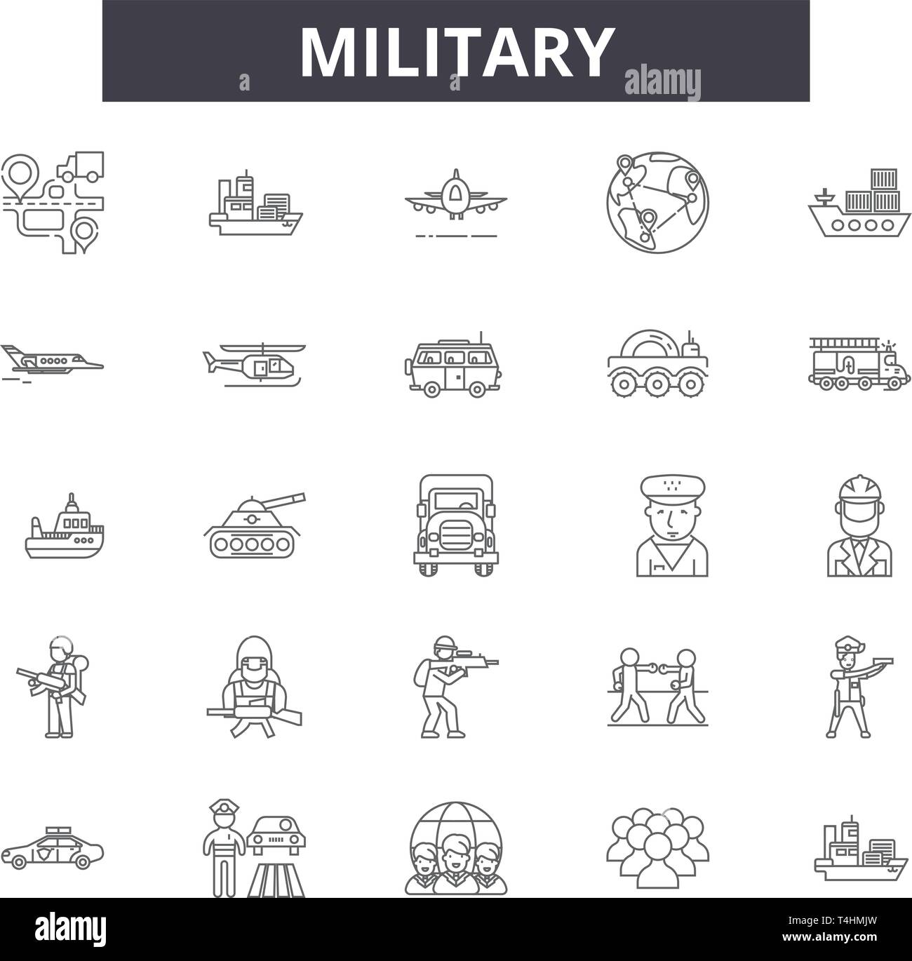 Military line icons, signs set, vector. Military outline concept ...