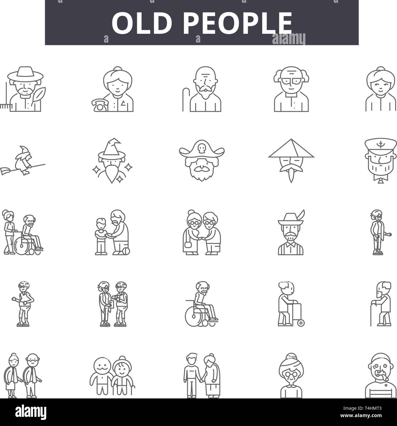 Old people line icons, signs set, vector. Old people outline concept ...