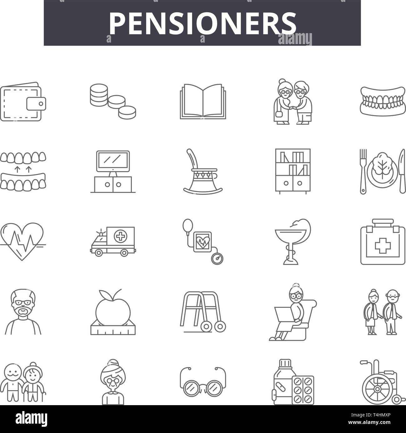Pensioners line icons, signs set, vector. Pensioners outline concept ...