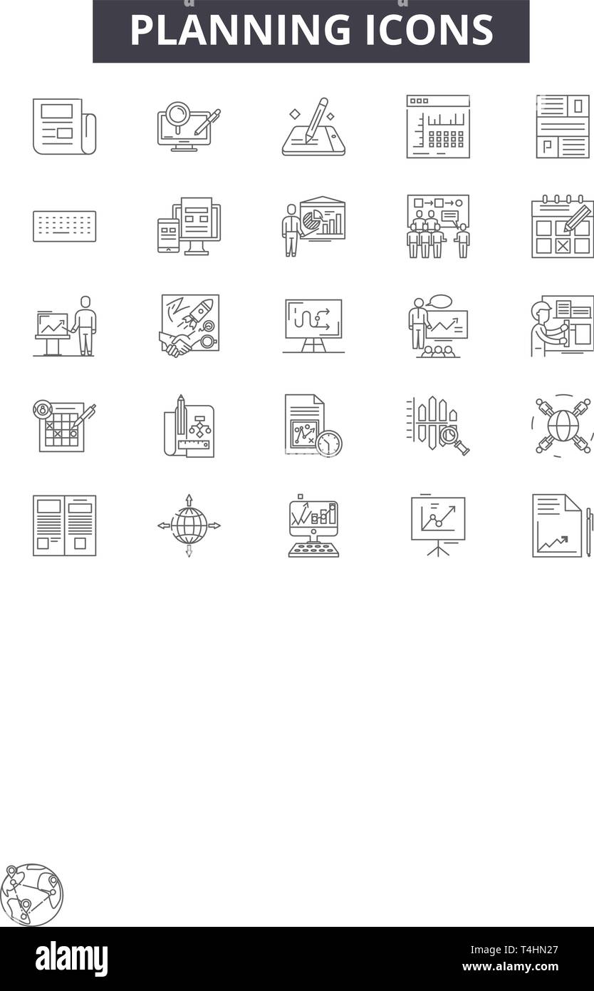 Planning line icons, signs set, vector. Planning outline concept ...