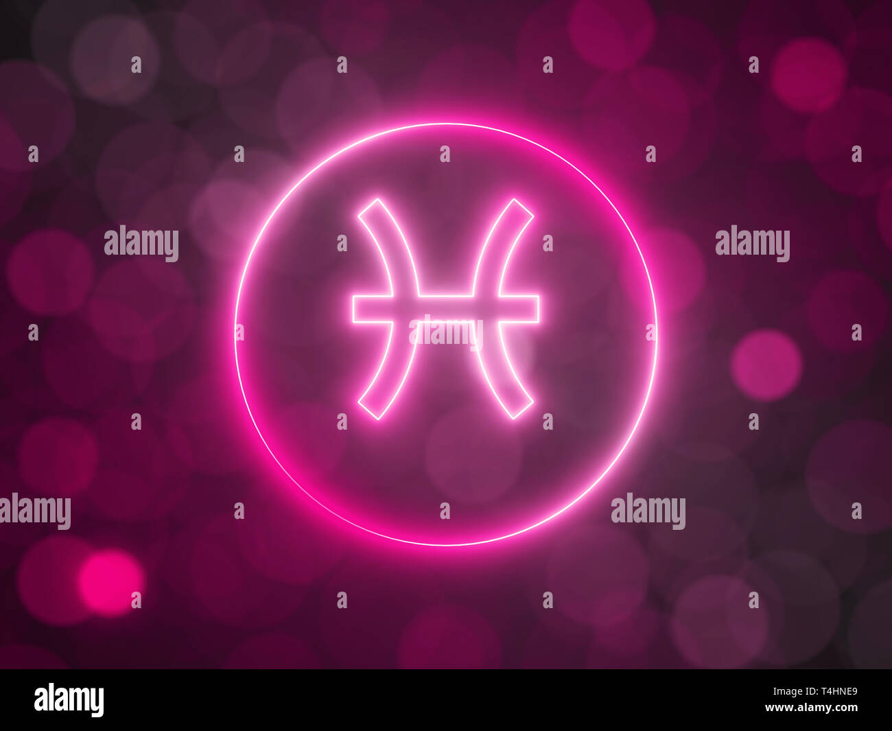 glowing neon sign of Pisces with blurred bokeh background. 3d ...