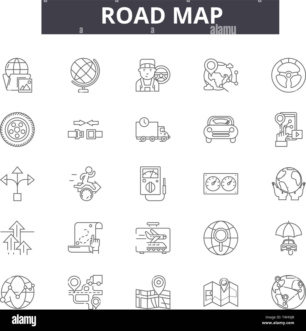 Road map line icons, signs set, vector. Road map outline concept ...
