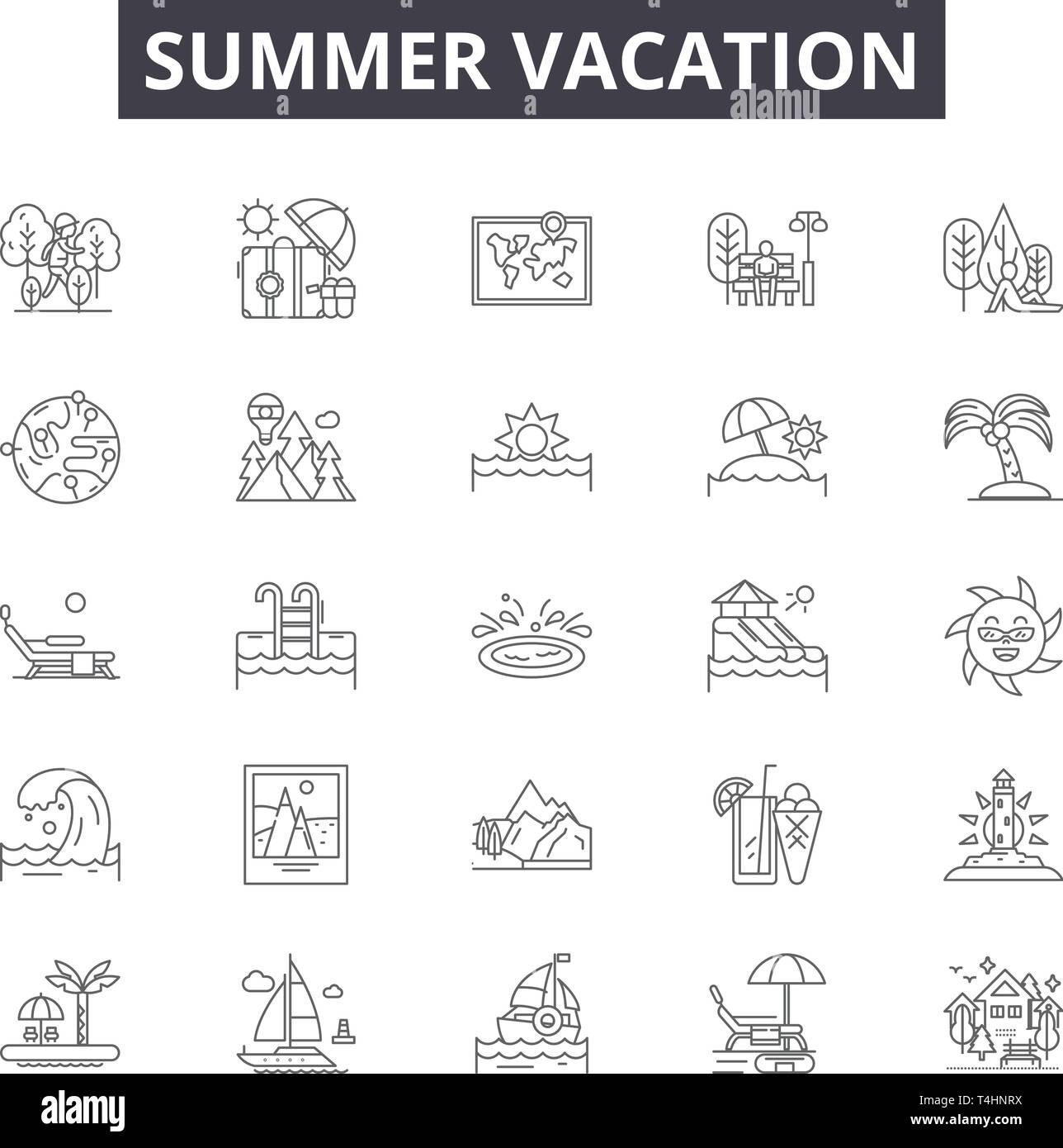 Summer vacation line icons, signs set, vector. Summer vacation outline concept, illustration ...