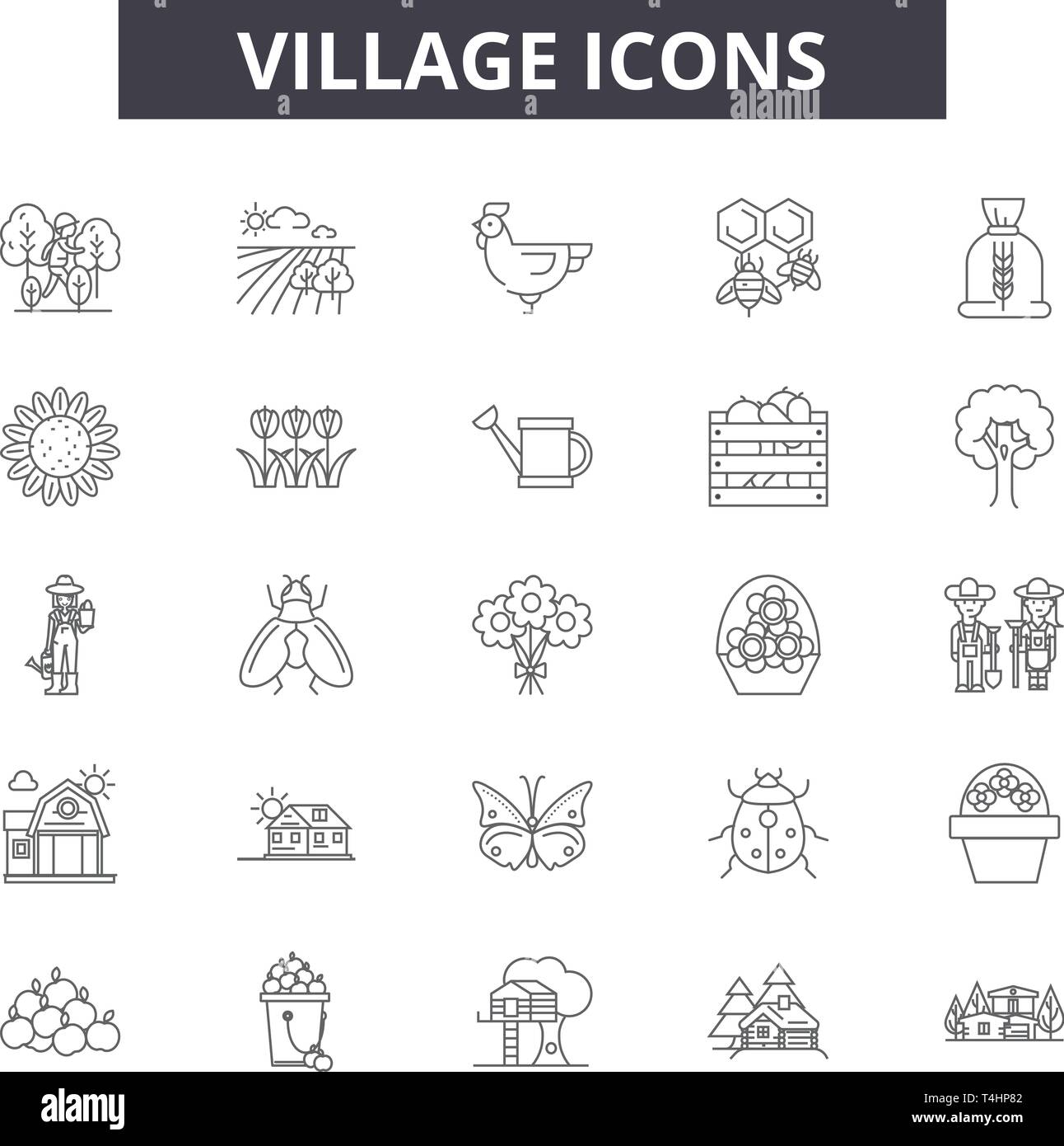 Village line icons, signs set, vector. Village outline concept ...