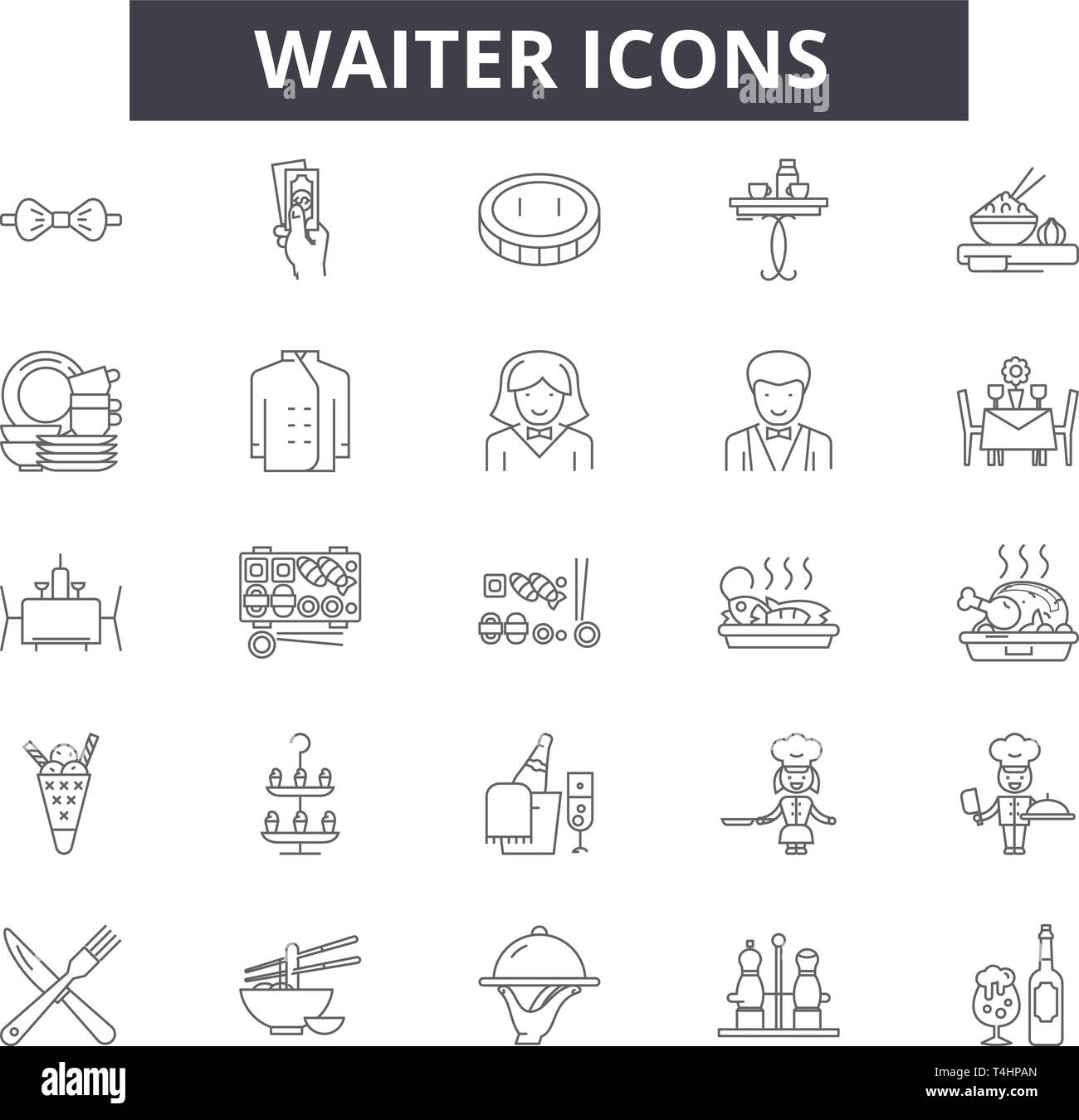 Waiter line icons, signs set, vector. Waiter outline concept ...