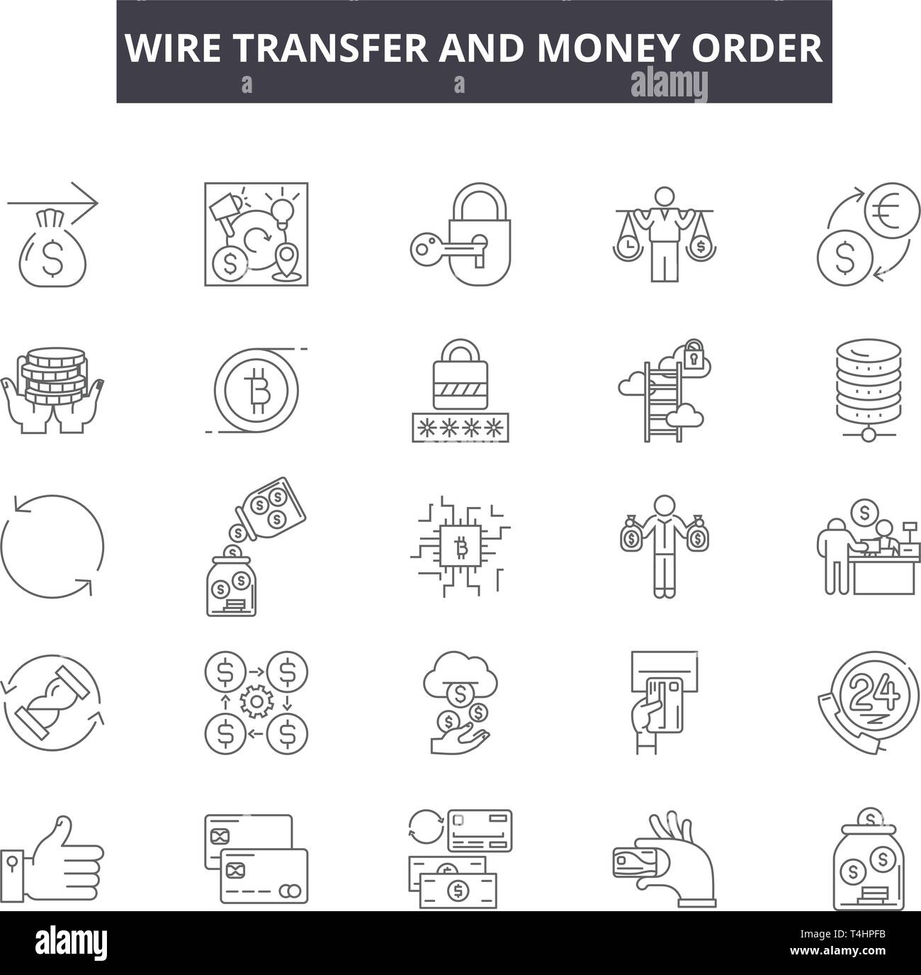 Wire transfer and money order line icons, signs set, vector. Wire ...
