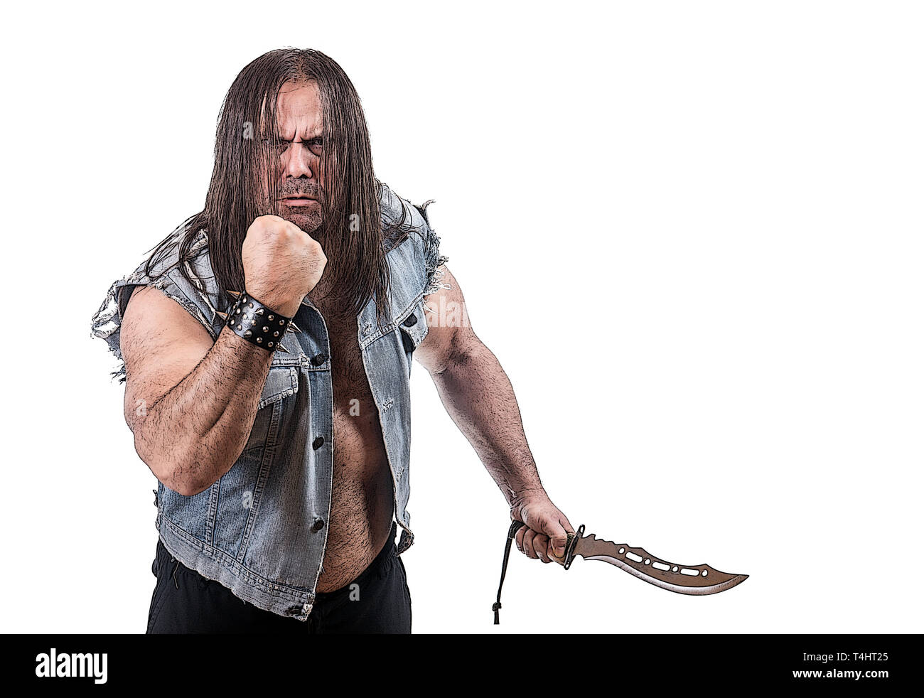 Aggressive man in jeans jacket threaten with fist and knife, isolated ...