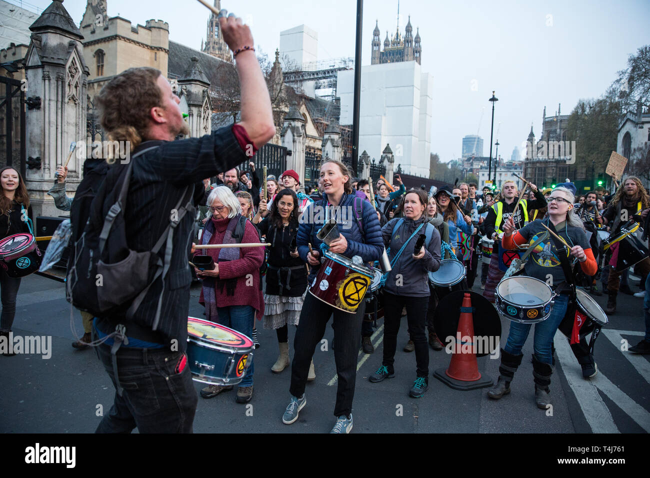 London, UK. 17th April 2019. Drummers from climate change action ...