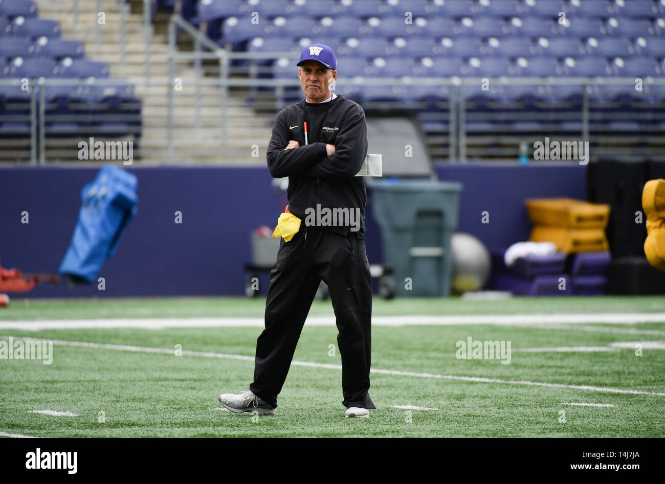 Seattle, WA, USA. 17th Apr, 2019. UW Head Coach CHRIS PETERSEN looks on ...